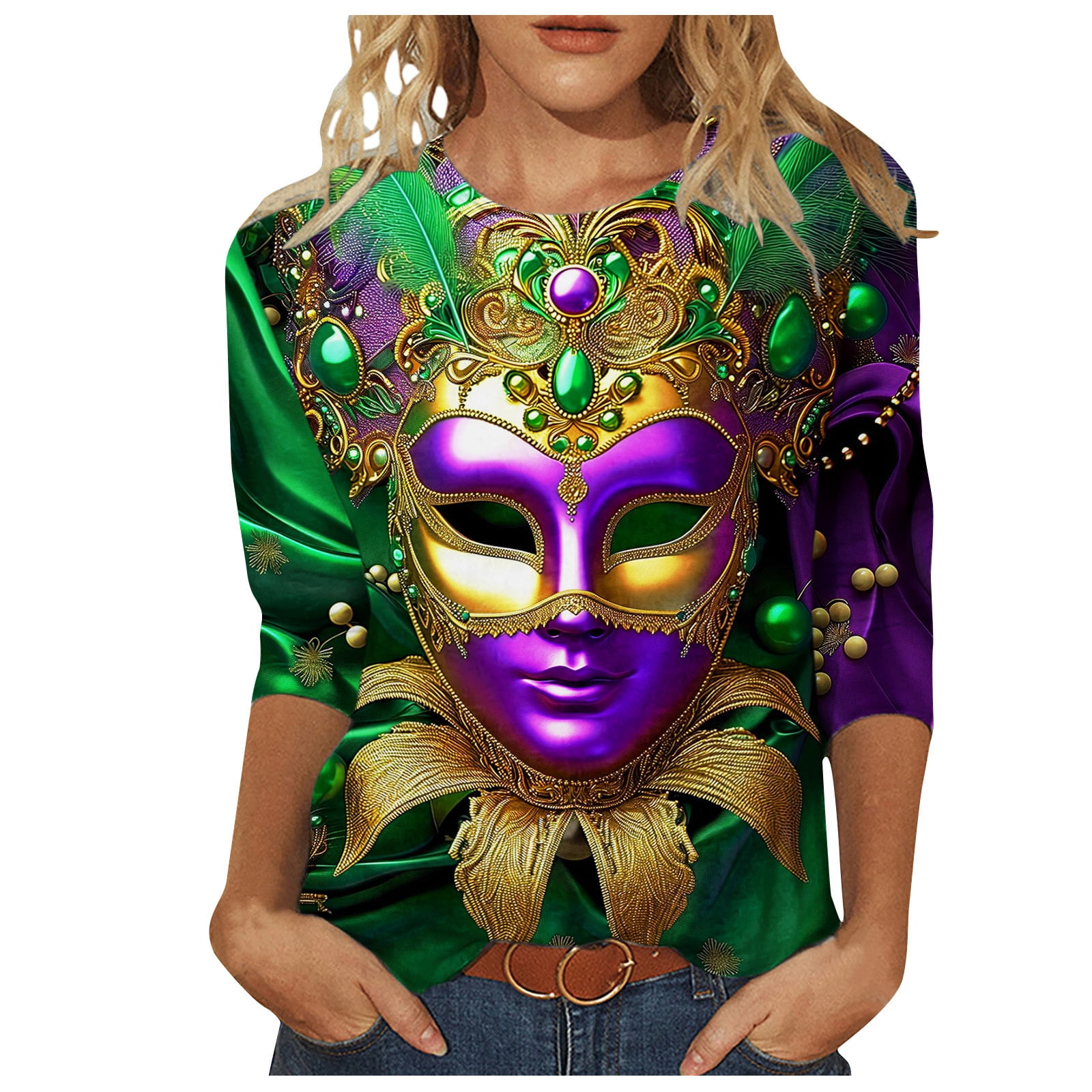REORIAFEE Mardi Gras Clothes for Women 3/4 Sleeve T Shirt Casual Mask ...