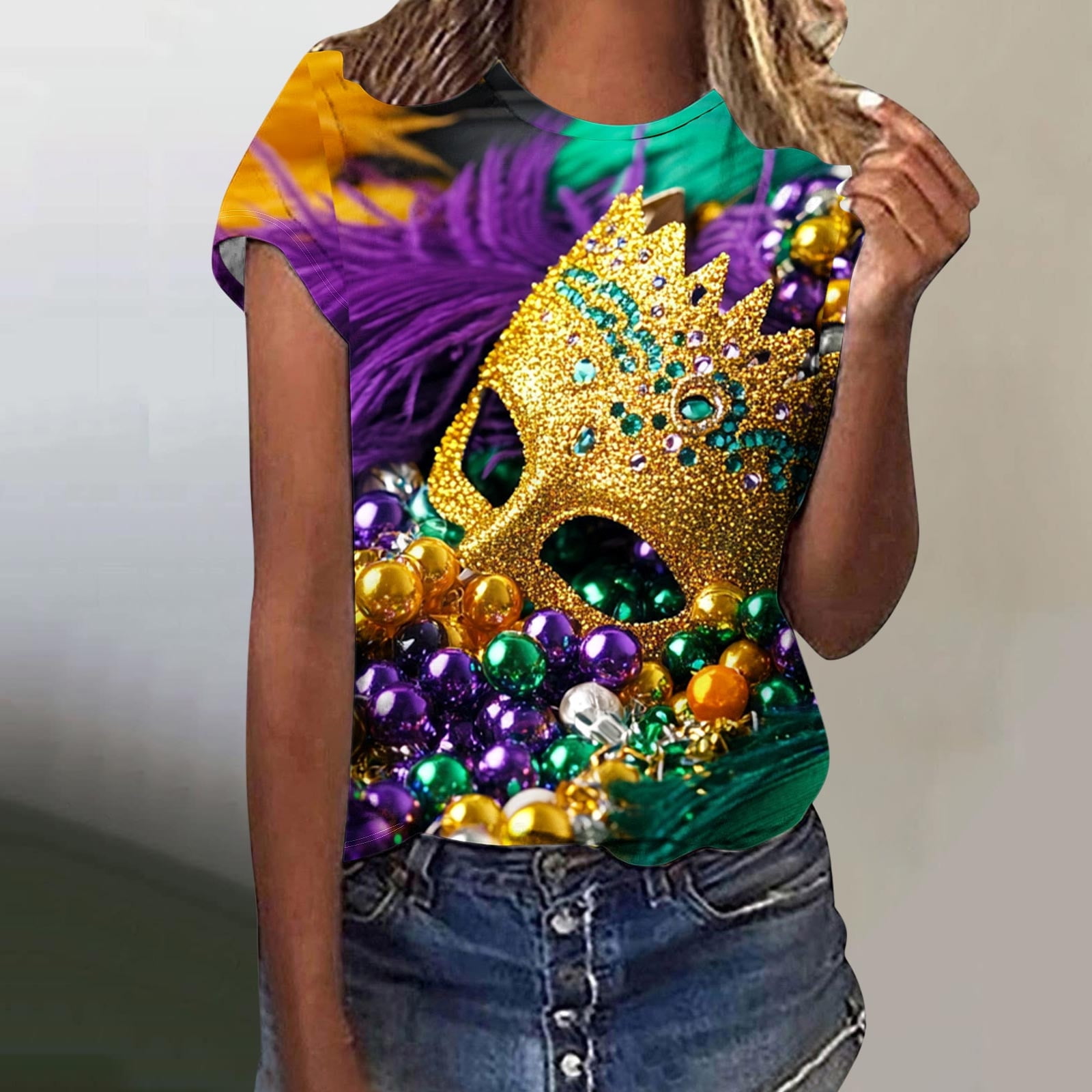 REORIAFEE Mardi Gras Shirts Women Short Sleeve Mask Printing Shirts ...