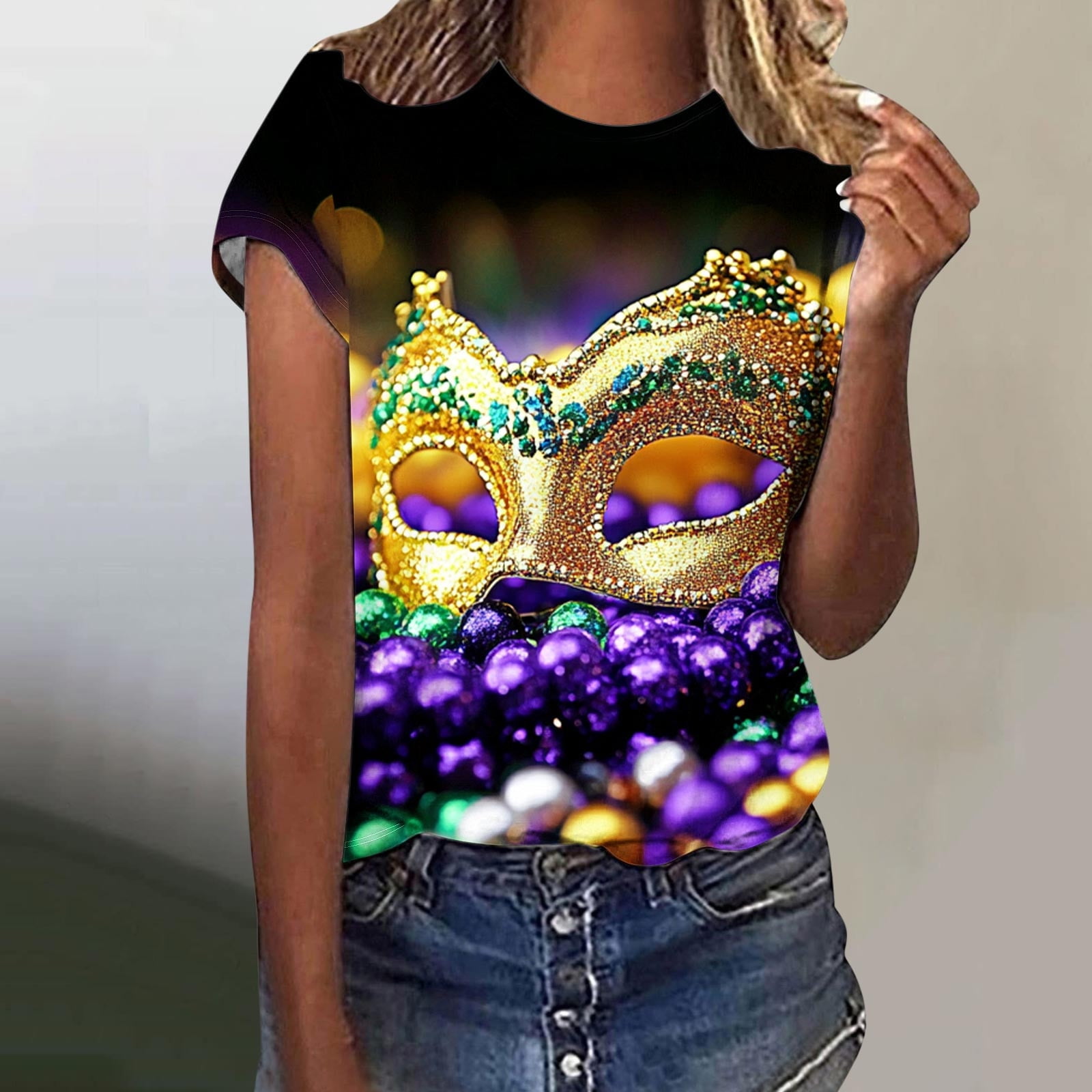 REORIAFEE Mardi Gras Tee Shirts for Plus Women Mask Printing Short Sleeve Shirts Crewneck ...