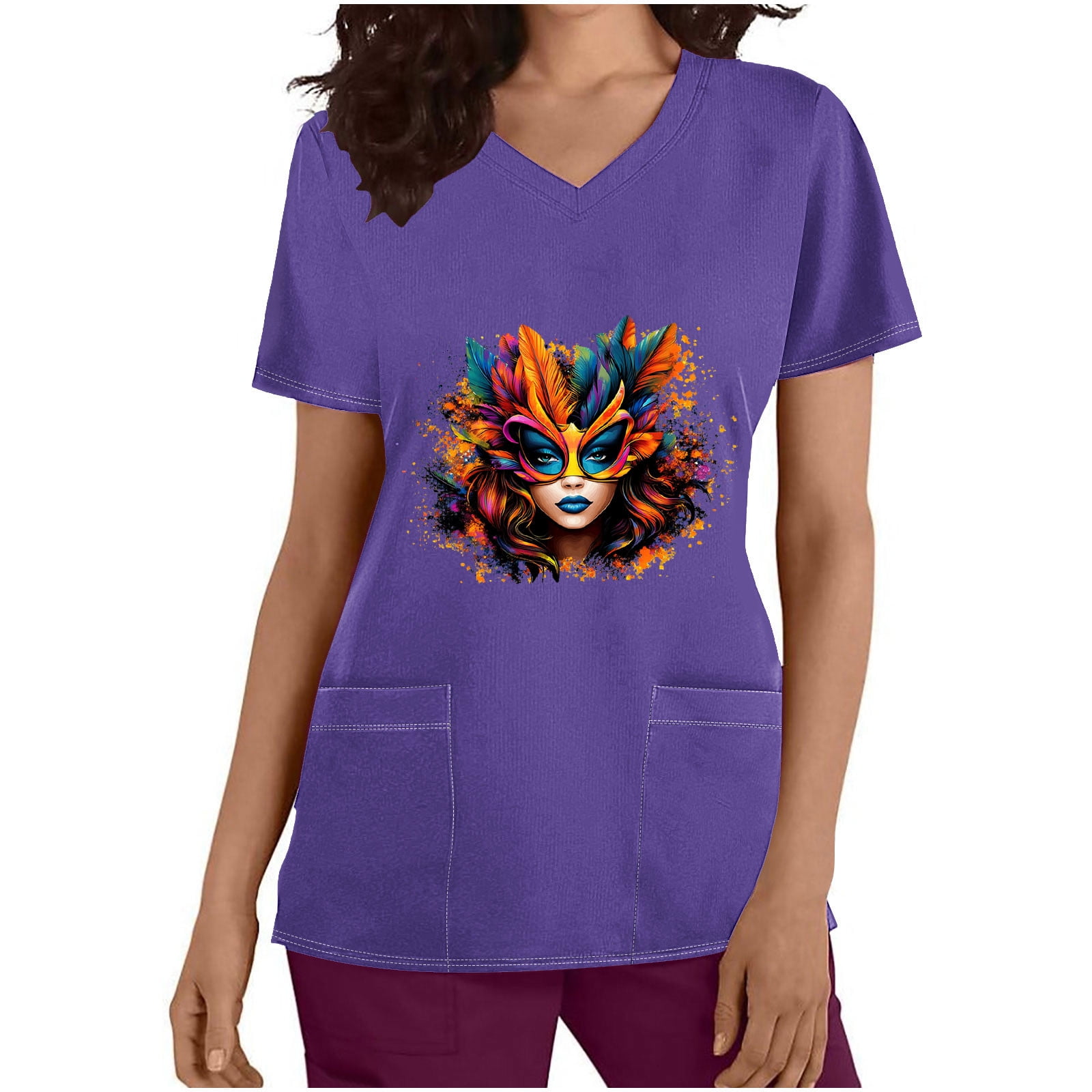 REORIAFEE Mardi Gras Tee Shirts for Women Mask Printing Short Sleeve Shirts Crewneck Carnival ...