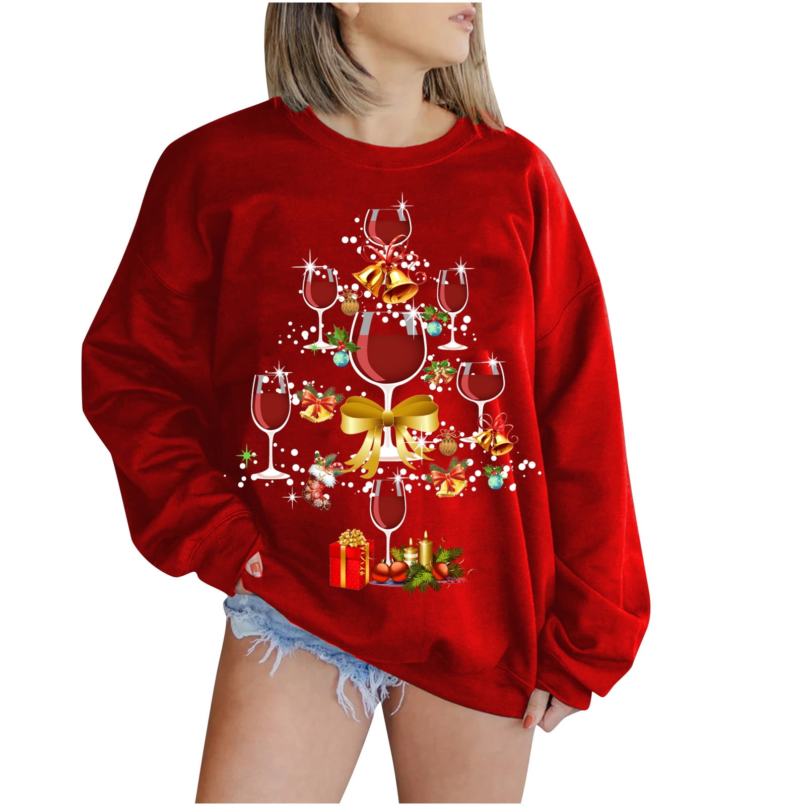 Reoriafee Merry Christmas Plaid T Shirts Women Cute Santas Graphic Long