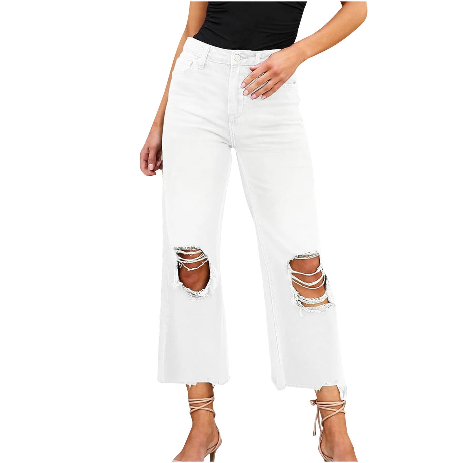 REORIAFEE Ripped Jeans for Women Plus Size Capri Palazzo Pants Scrunch ...