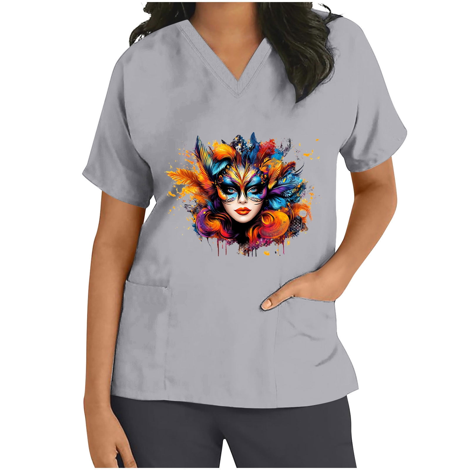 REORIAFEE Shirts for Women Mardi Gras Mask Printing Short Sleeved T ...