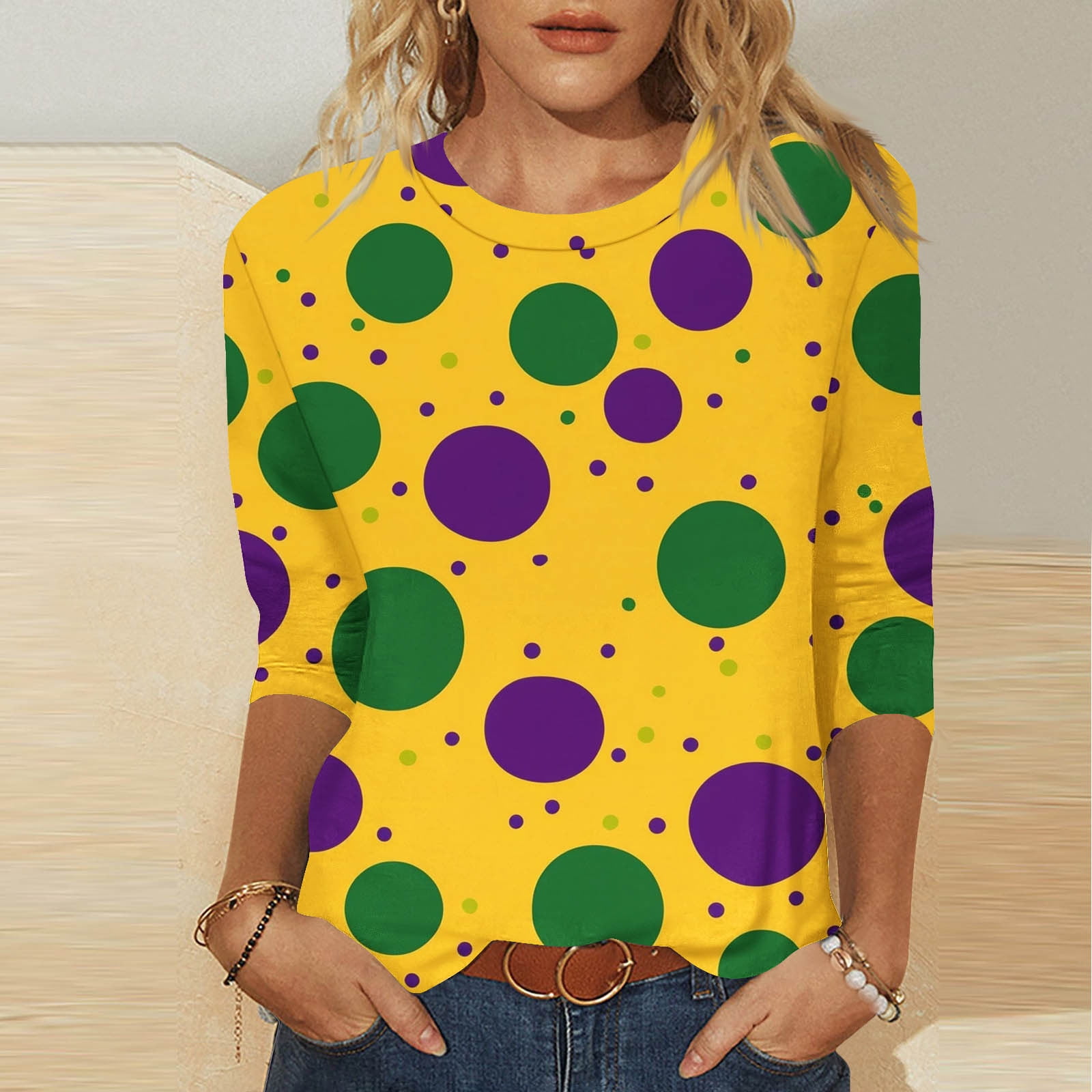 REORIAFEE Shirts for Women Trendy Mardi Gras Green Purple Yellow 3/4 ...