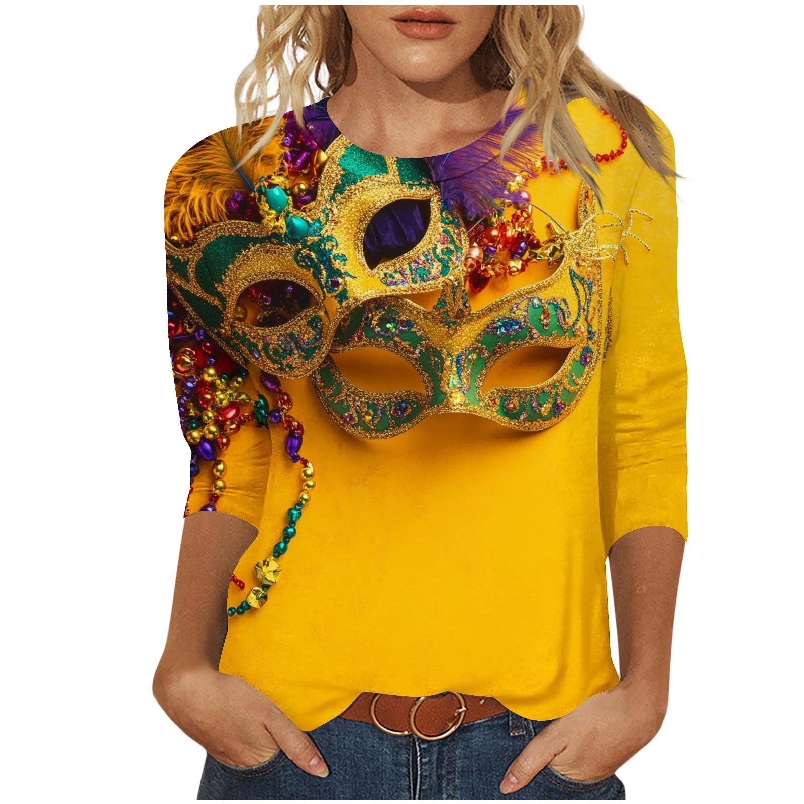 REORIAFEE Shirts for Womens Mardi Gras Mask Prints 3/4 Sleeve Shirts Round Neck Carnival Fancy ...