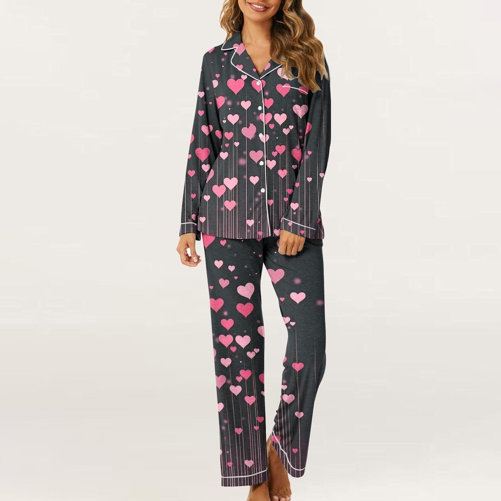 REORIAFEE Sleepwear Sets for Women Valentine's Day Heart Prints Lapel ...
