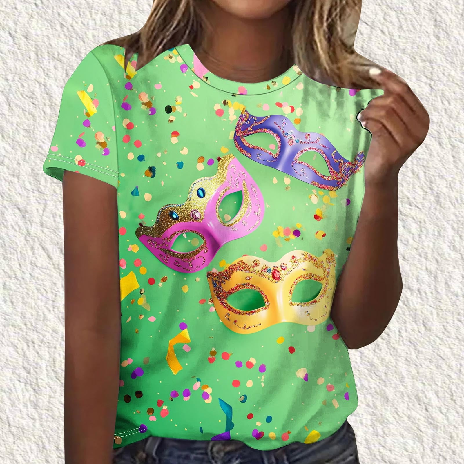 REORIAFEE Tees for Women Mardi Gras Mask Printed Short Sleeve Shirts ...
