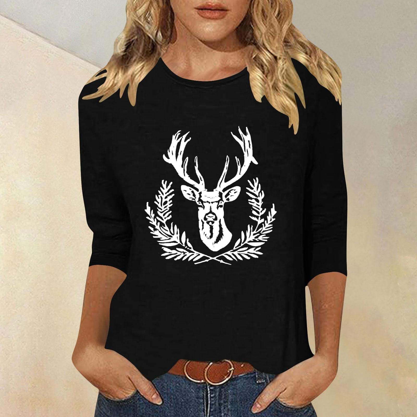 REORIAFEE Tops for Women 3/4 Sleeve Graphic Printing Tops Round Neck ...