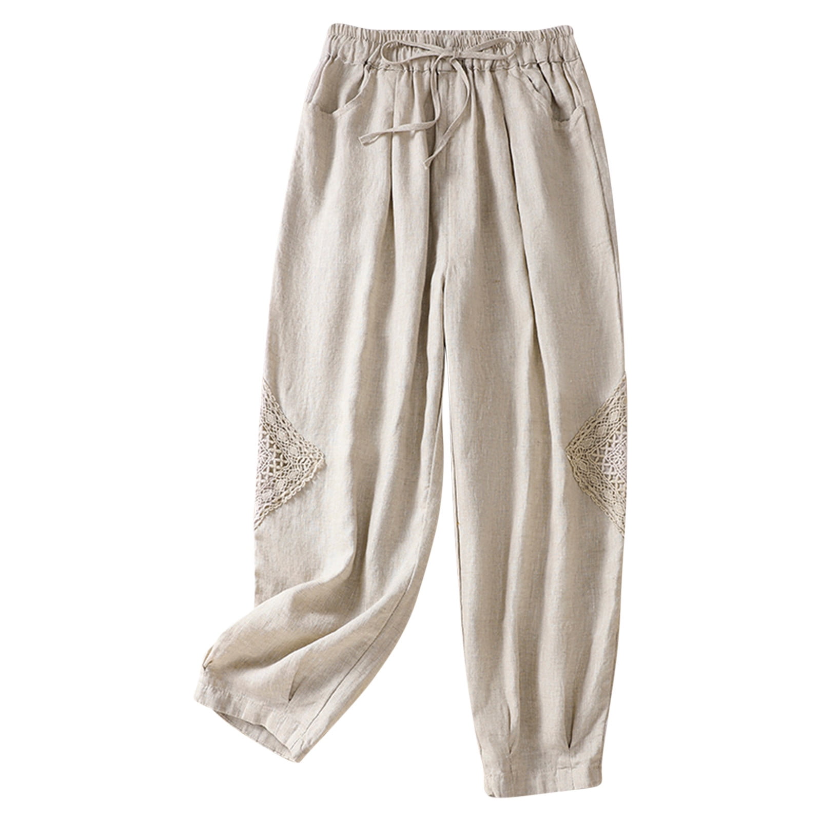 REORIAFEE White Linen Pants Women Curvy Patchwork Print Palazzo Pants ...