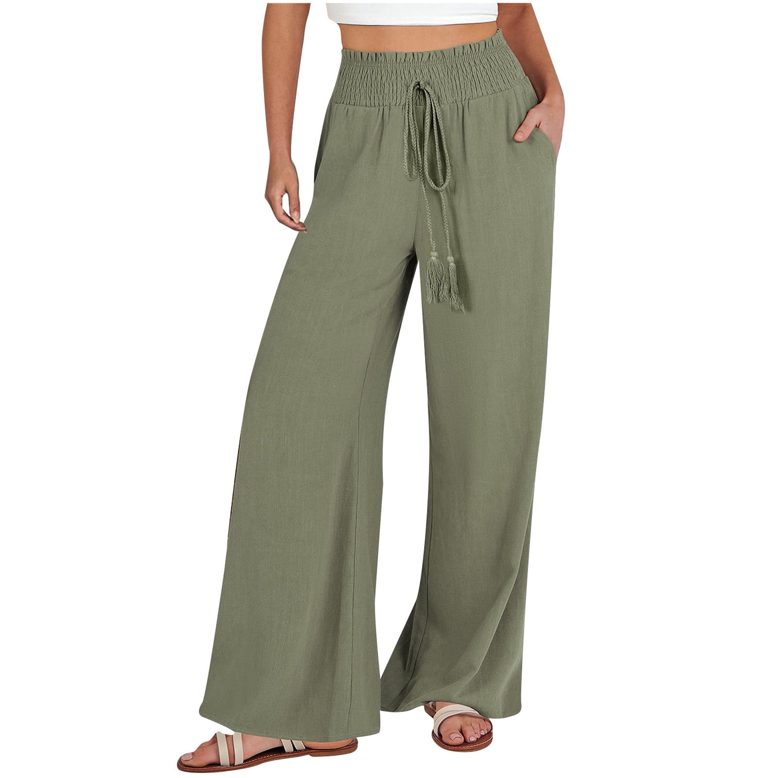 REORIAFEE Womens Linen Pants with Pockets Solid Print Palazzo Pants ...