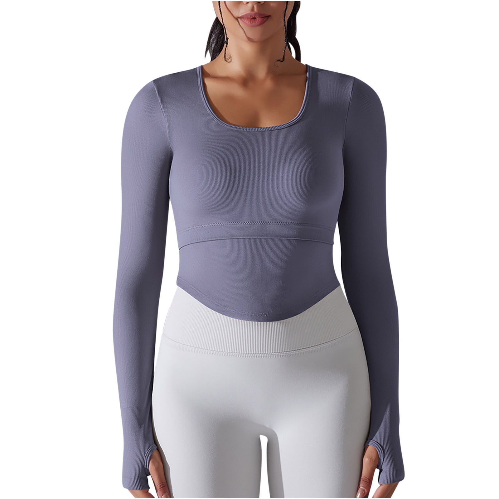REORIAFEE Yoga Tops for Women Crew Neck Ribbed Seamless Workout ...
