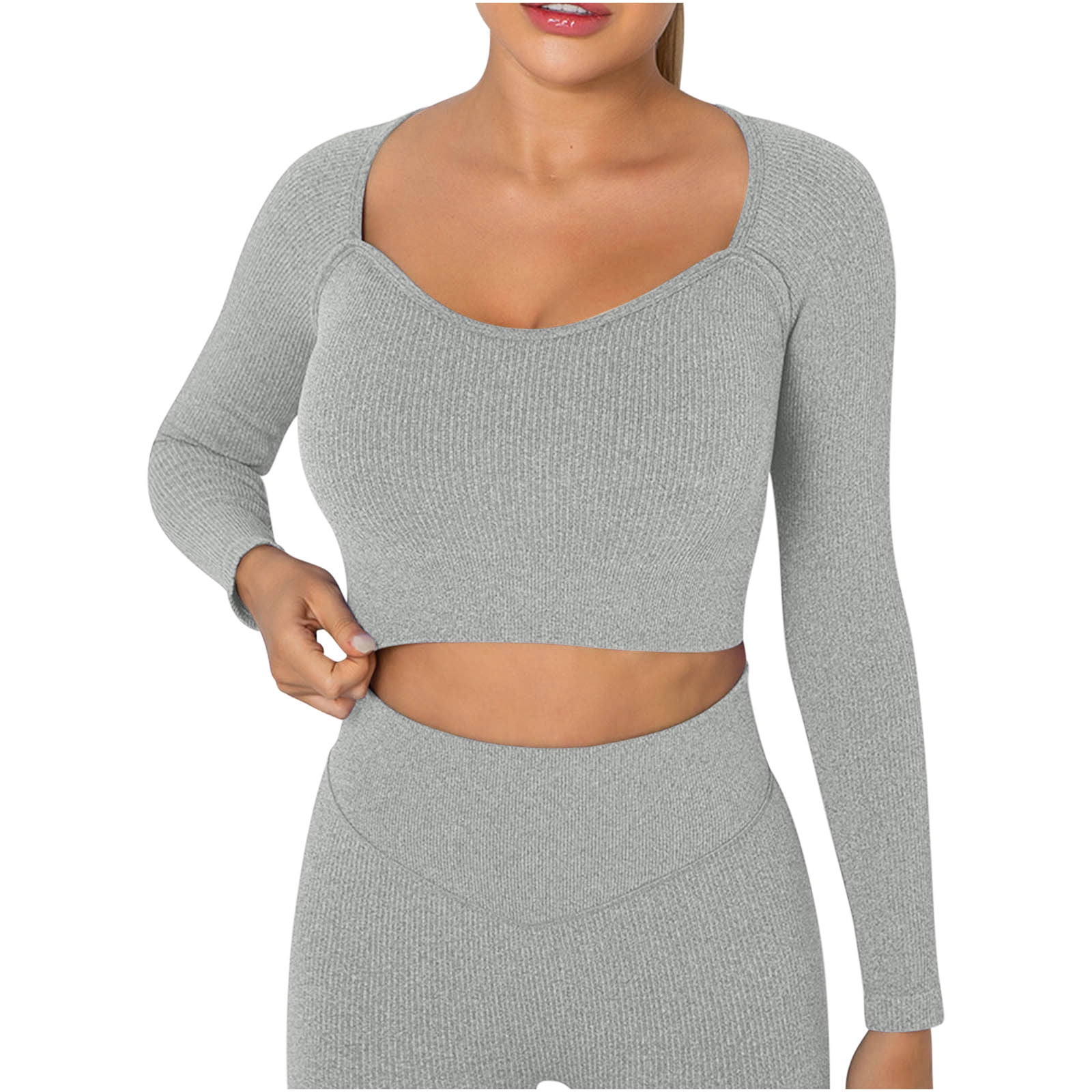 REORIAFEE Yoga Tops for Women Long Sleeve Crew Neck Slim Fit Solid ...
