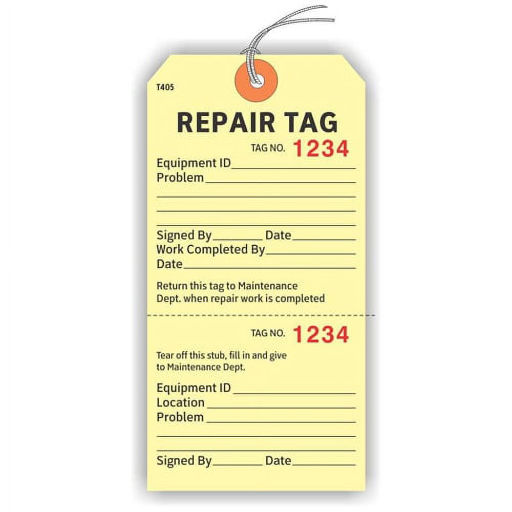 REPAIR TAG - EQUIPMENT ID with Stub, Numbered 2 Places, Strung, 5.75" x ...
