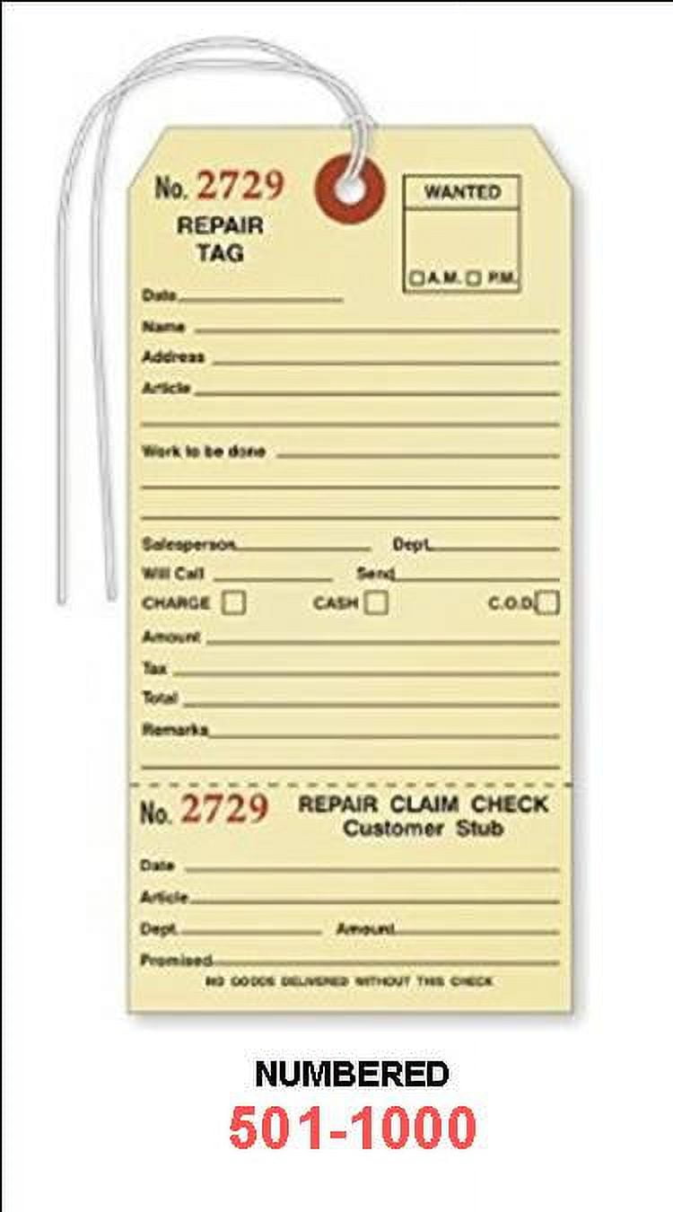 REPAIR Tags with Stub, Numbered 501-1000, Strung - Box of 500 - Walmart.com