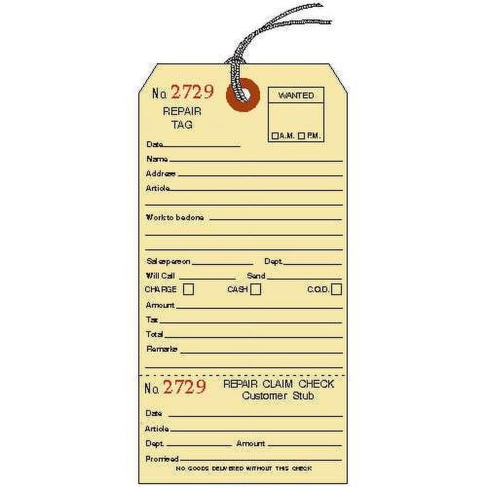 REPAIR Tags with Tear-Off Stub, Numbered, Strung - Pack of 25 - Walmart.com
