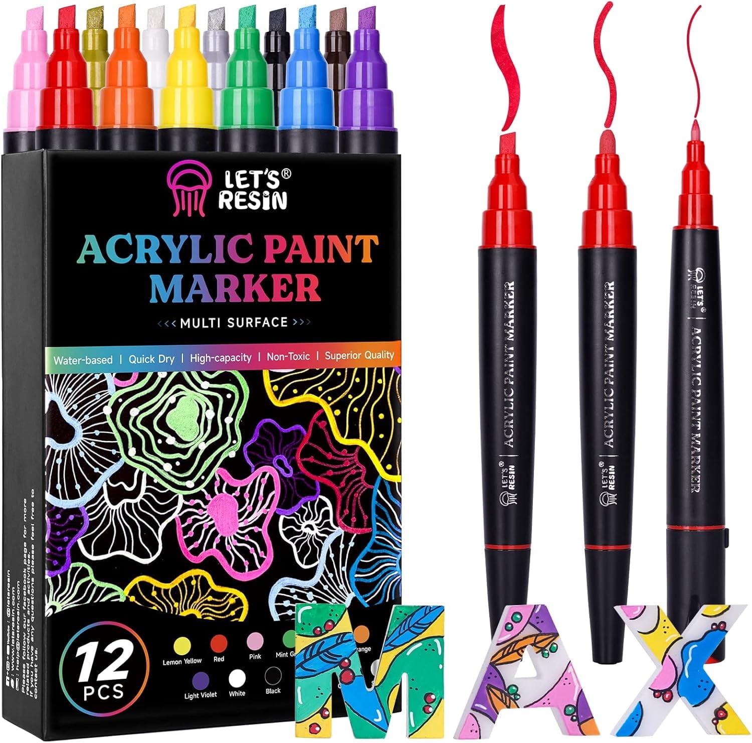 LET'S RESIN 12 Colors Acrylic Paint Markers, 3 Tips Multi-Purpose ...