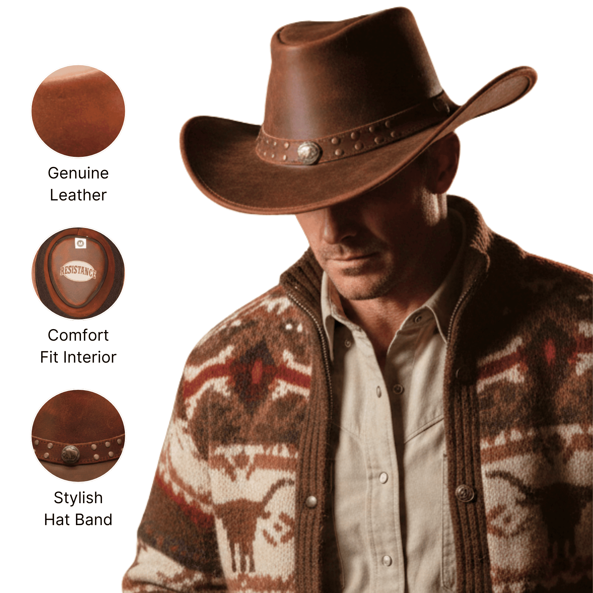 Resistance Premium Cowboy Hat, Australian Style Leather Cowboy Cowgirl ...