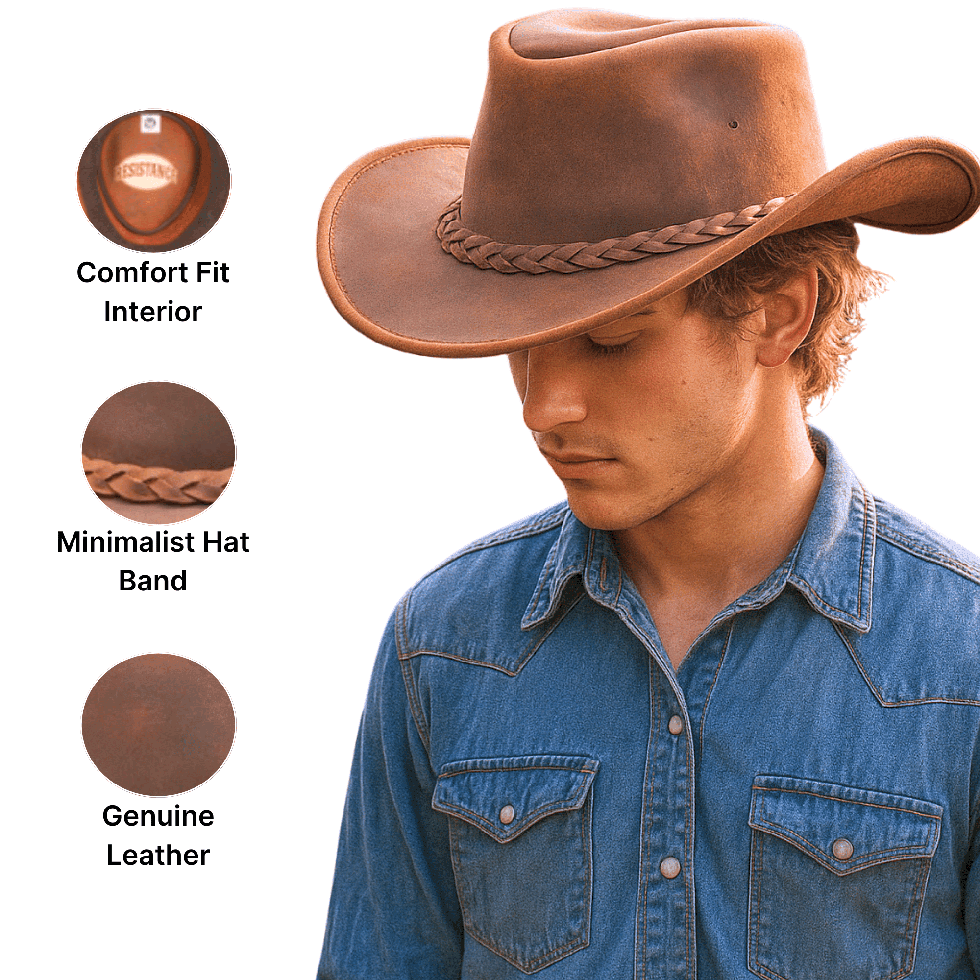 RESISTANCE Premium Full Grain Australian Style Leather Cowboy Hat ...