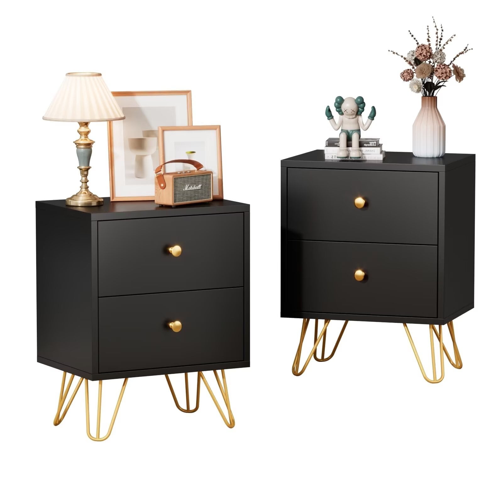 RESOM Black Nightstand Set of 2, Night Stand with Drawers, Small End ...