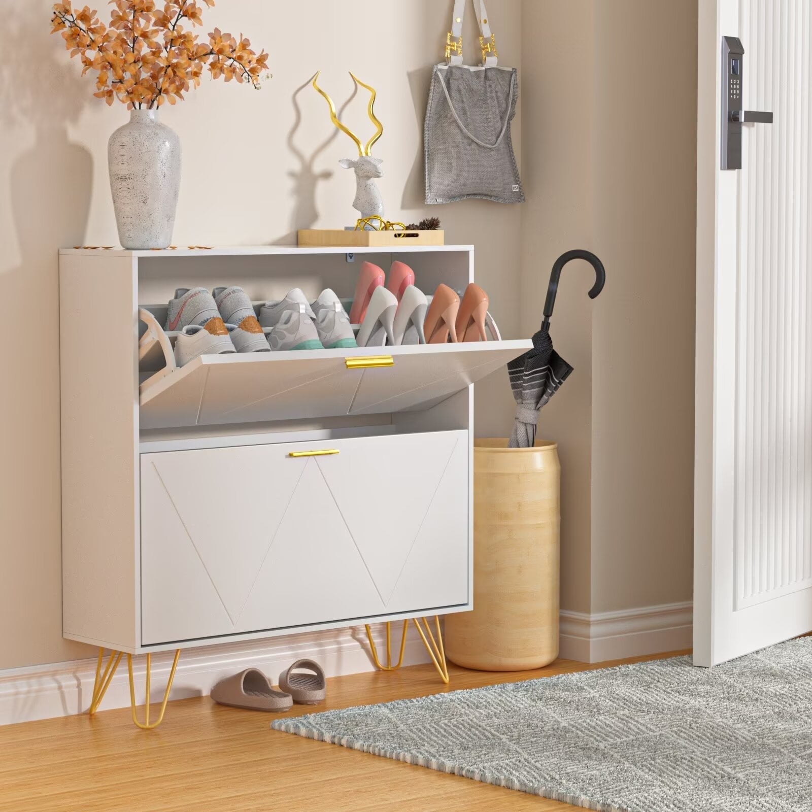 RESOM White Shoe Cabinet with 2 Flip Drawers,Modern Narrow Shoe ...