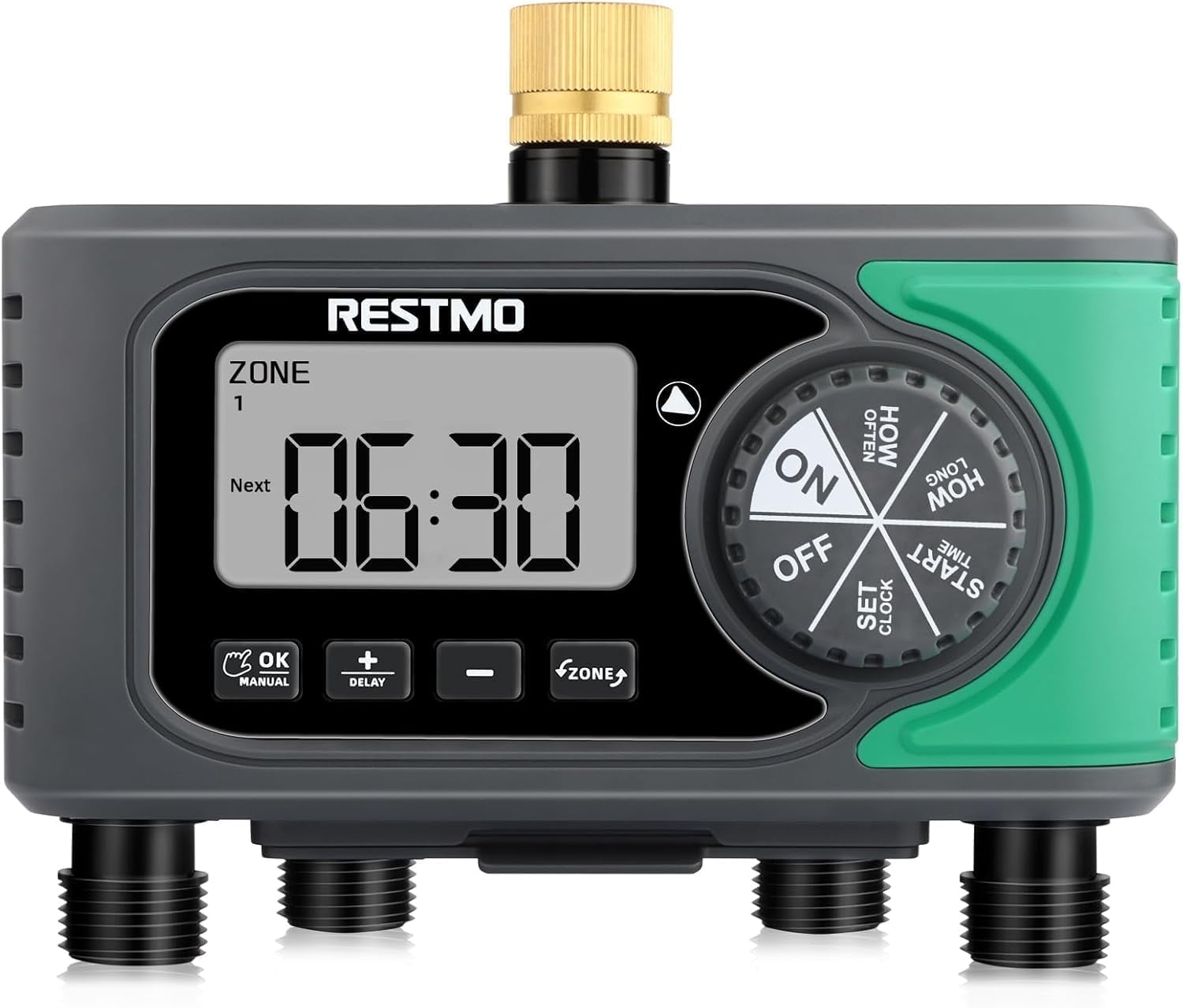 RESTMO 4-Outlet Sprinkler Timer with Brass Inlet, 4 Zone Programmable ...