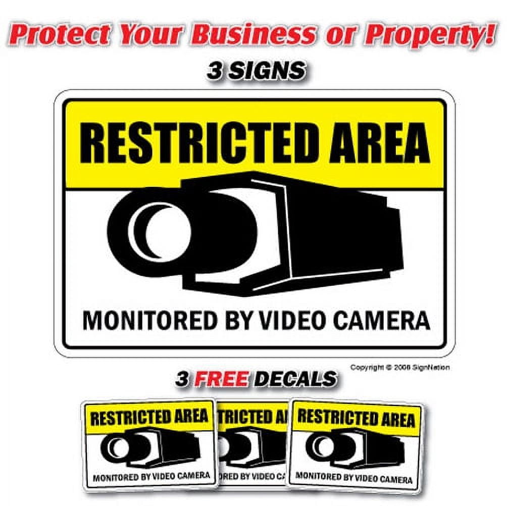 RESTRICTED AREA 3 Signs & 3 Free Decals security camera | Indoor ...