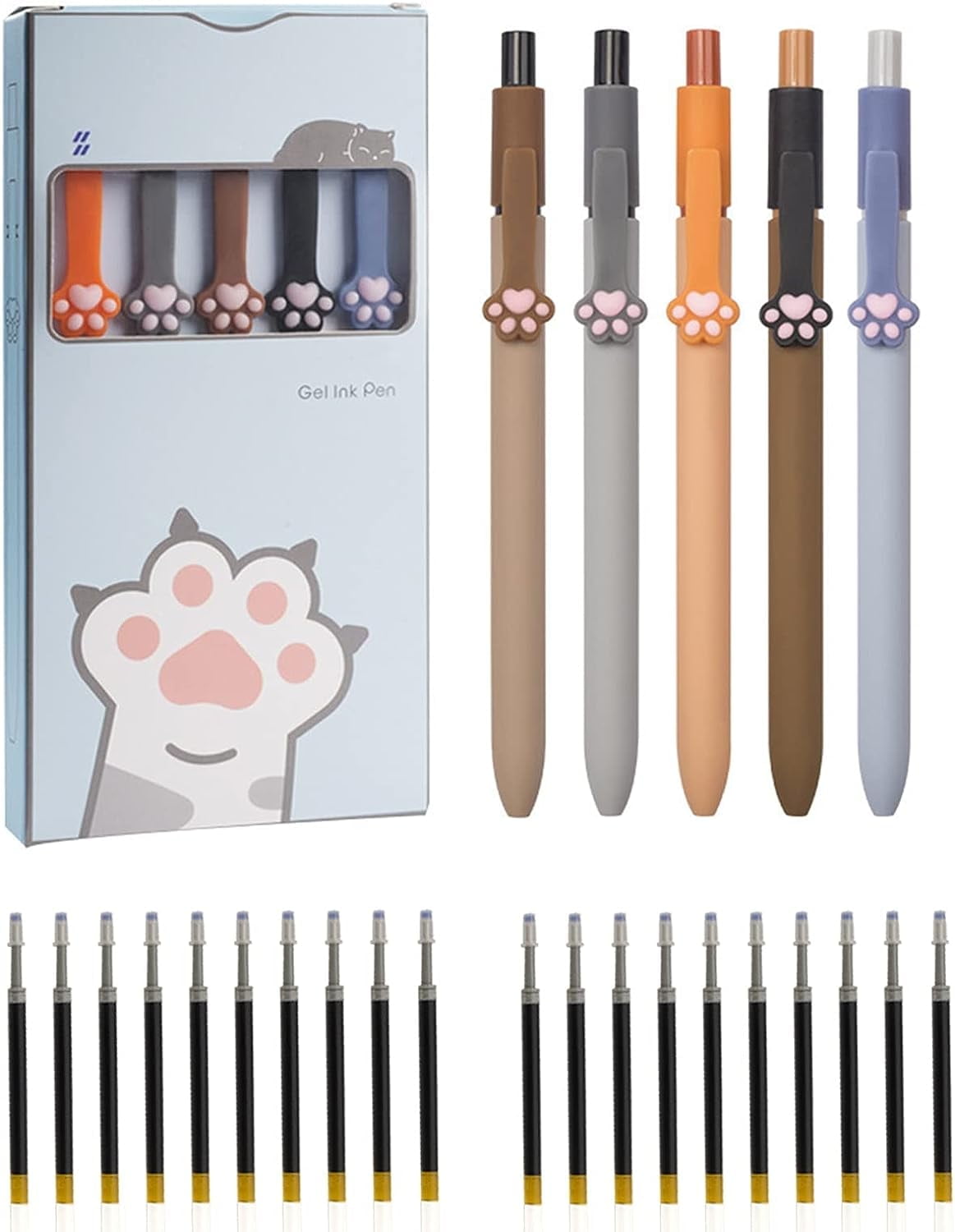 RETON 5pcs Cute Cat Pens with 20pcs Refills, Kawaii 0.5mm Black Ink Gel ...