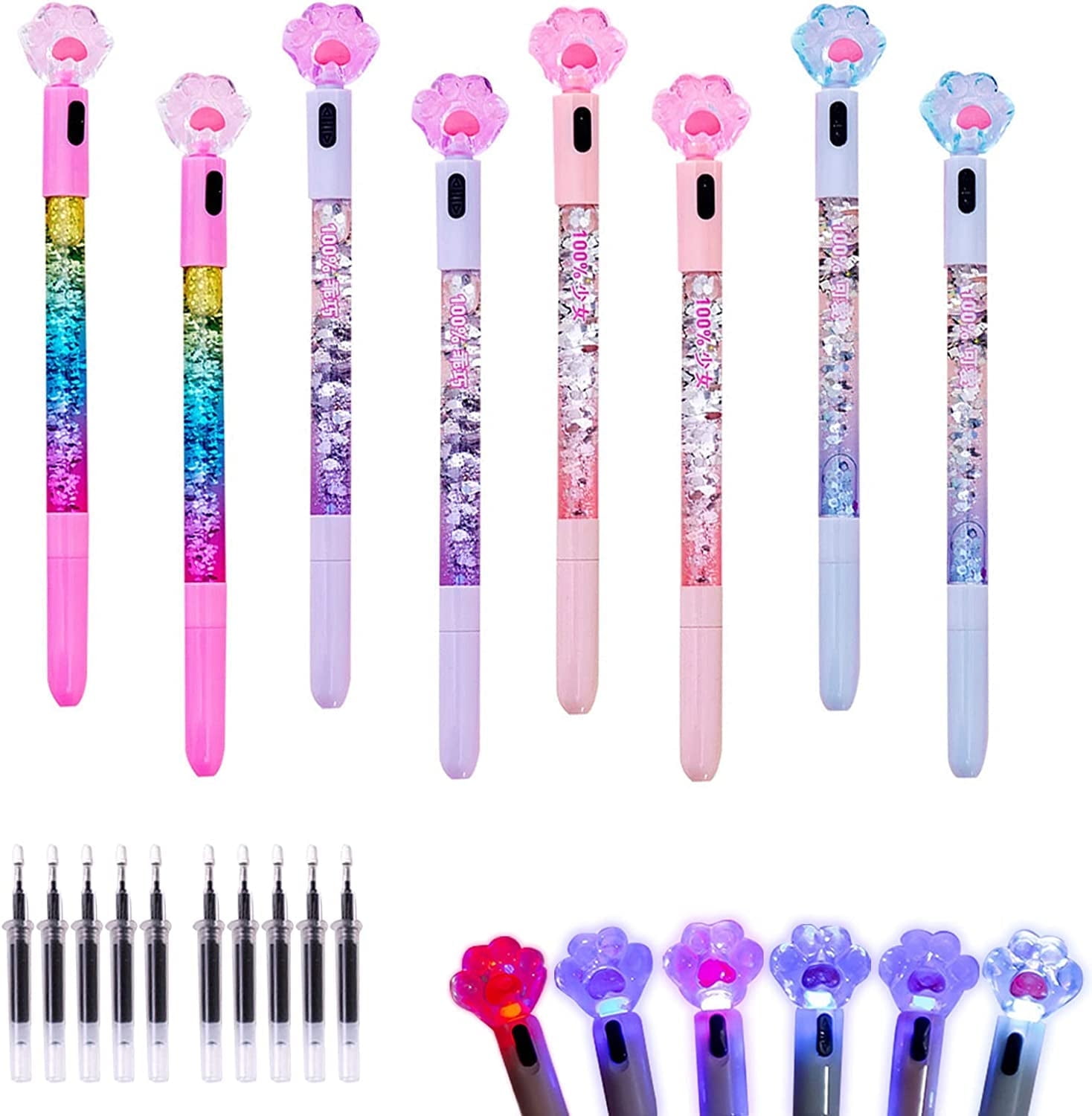 RETON 8pcs Cat Paw Shinny Luminous Fun Pens, Kawaii Liquid Sand Gel Ink ...