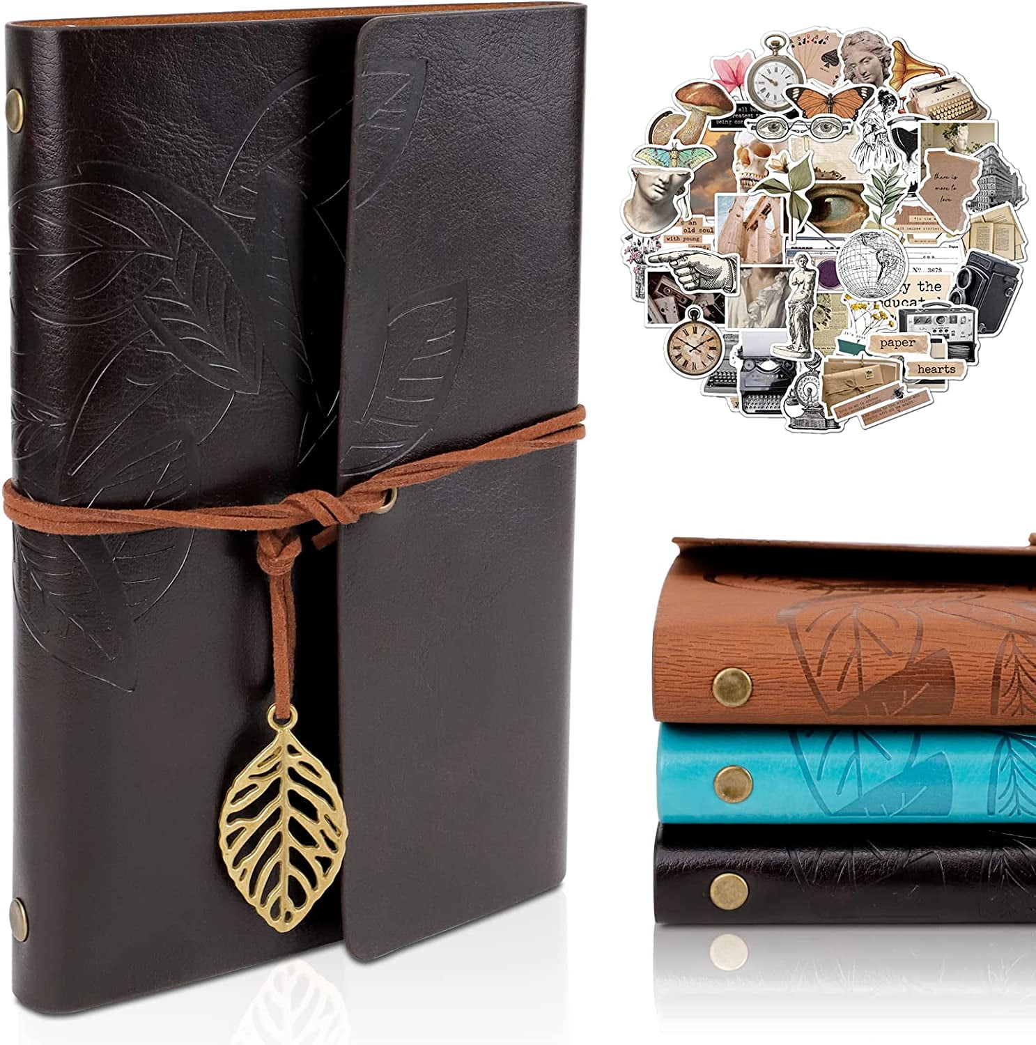 RETON Leather Journal Notebook with 50 Sheets Vintage Stickers ...