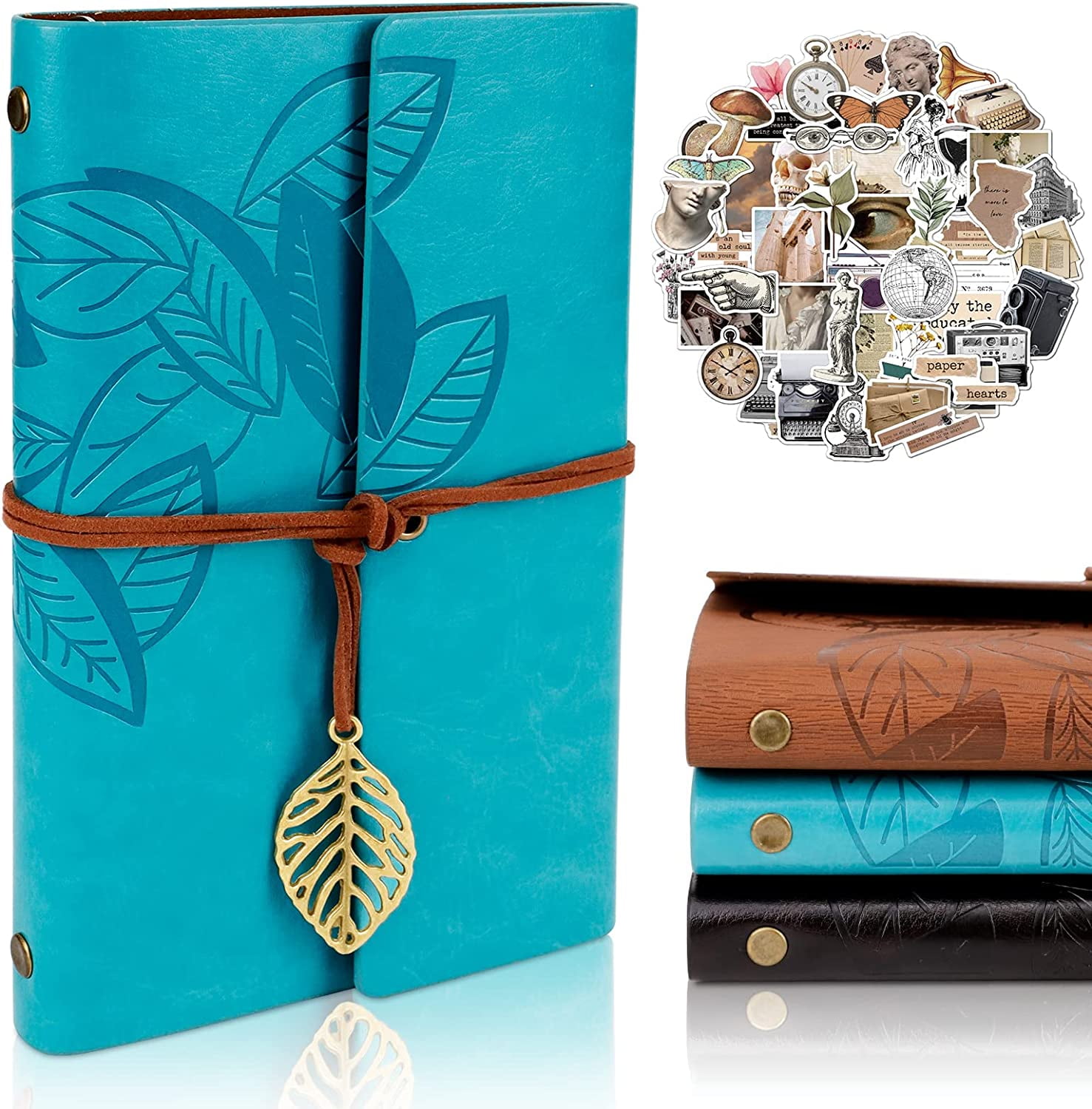 RETON Leather Journal Notebook with 50 Sheets Vintage Stickers ...
