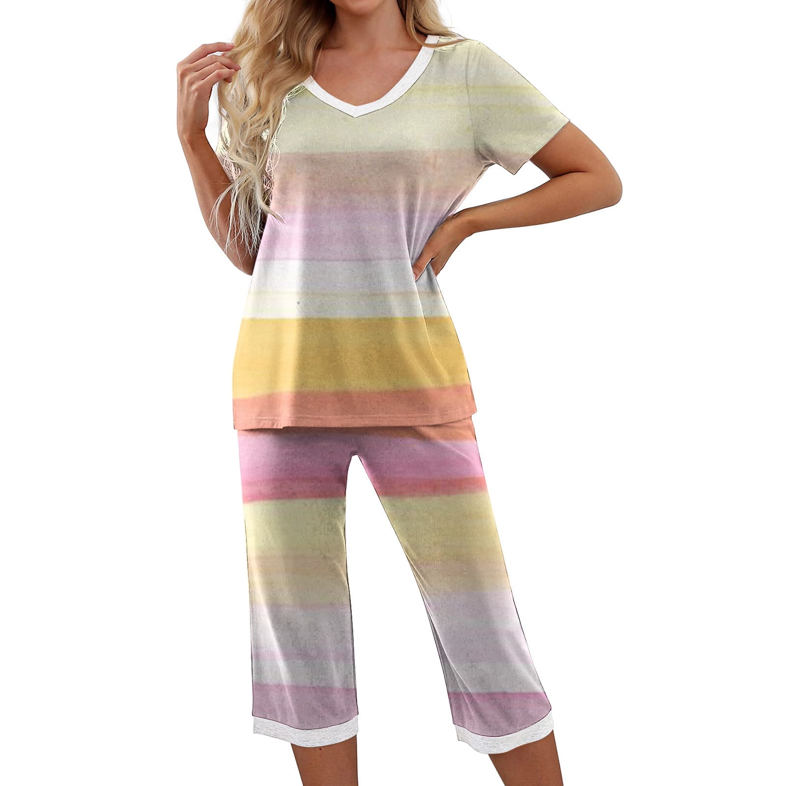 REUFTI Women V-neck Short Sleeved Pajamas And Pants Set Casual Pajamas ...