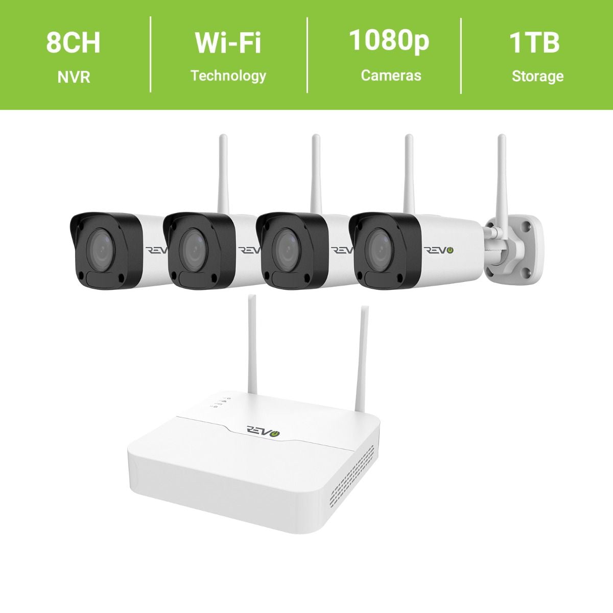 REVO ULTRA Wireless 8CH NVR, 1TB & 4x 1080p Indoor/Outdoor IR Bullet ...