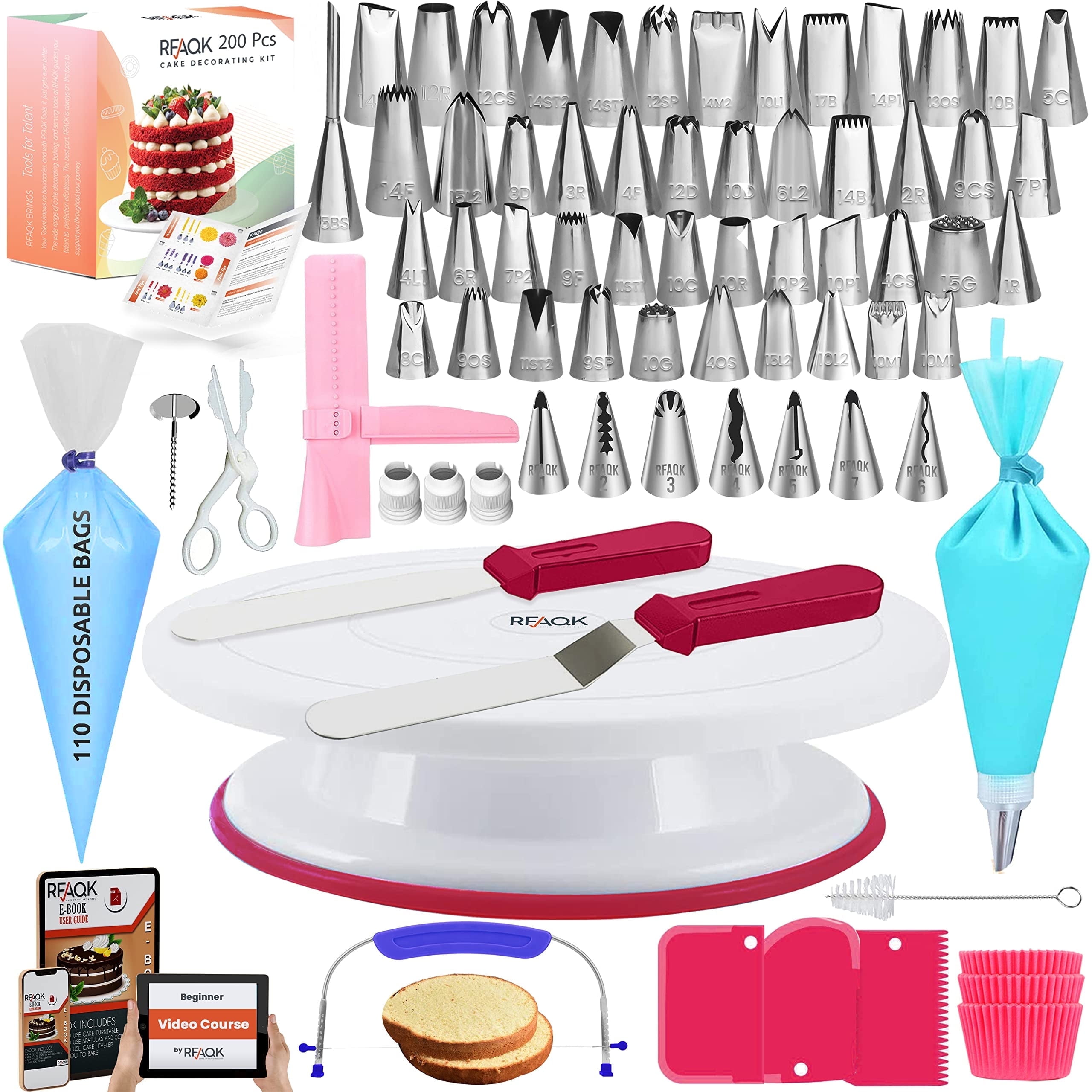 RFAQK 200PCs Cake Decorating Kit with Icing Utensils, Turntable, Piping ...