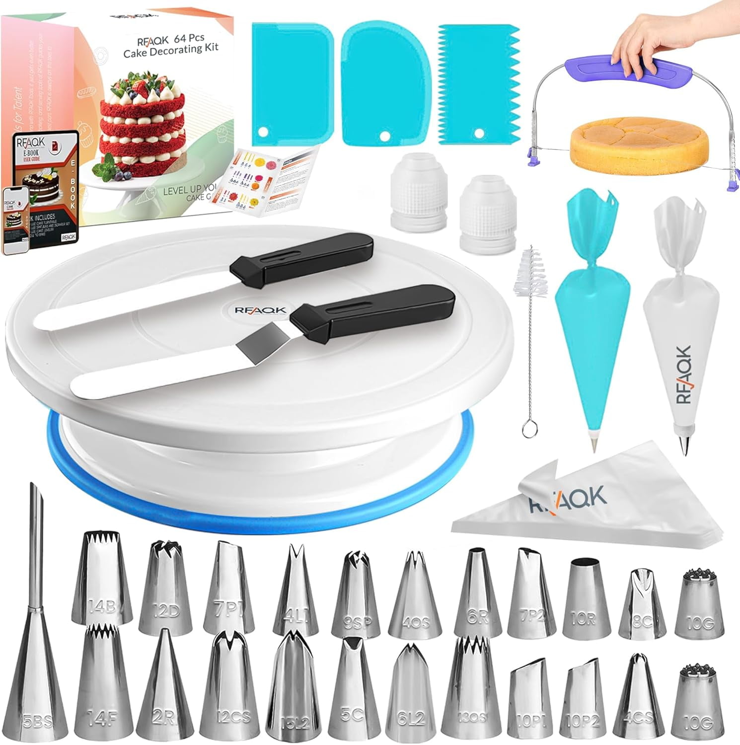 RFAQK 64 Pcs Cake Decorating Set with Turntable, Leveler, Icing Tips ...
