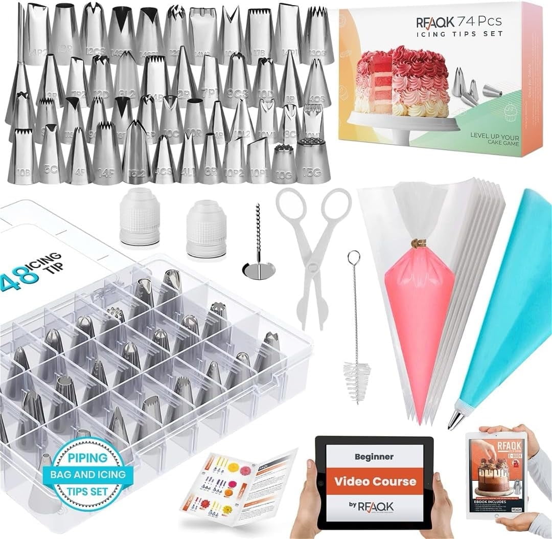 RFAQK 74 PCs Cake Decorating Kit: Icing Piping Bags, Tips Set, 48 ...