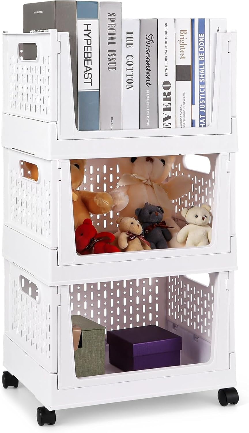 RFCUIBIJ 3 Pack Stackable Storage Bins with Wheels Foldable Plastic ...