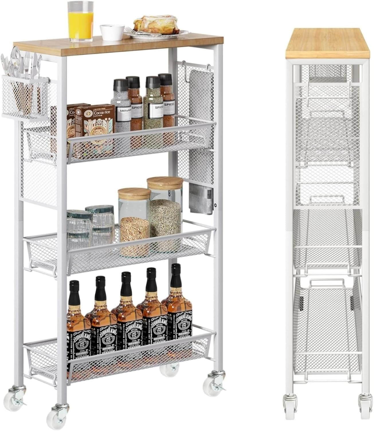 RFCUIBIJ 4-Tier Slim Rolling Cart on Wheels 34" Wooden Tabletop Kitchen Storage Organizer Cart ...