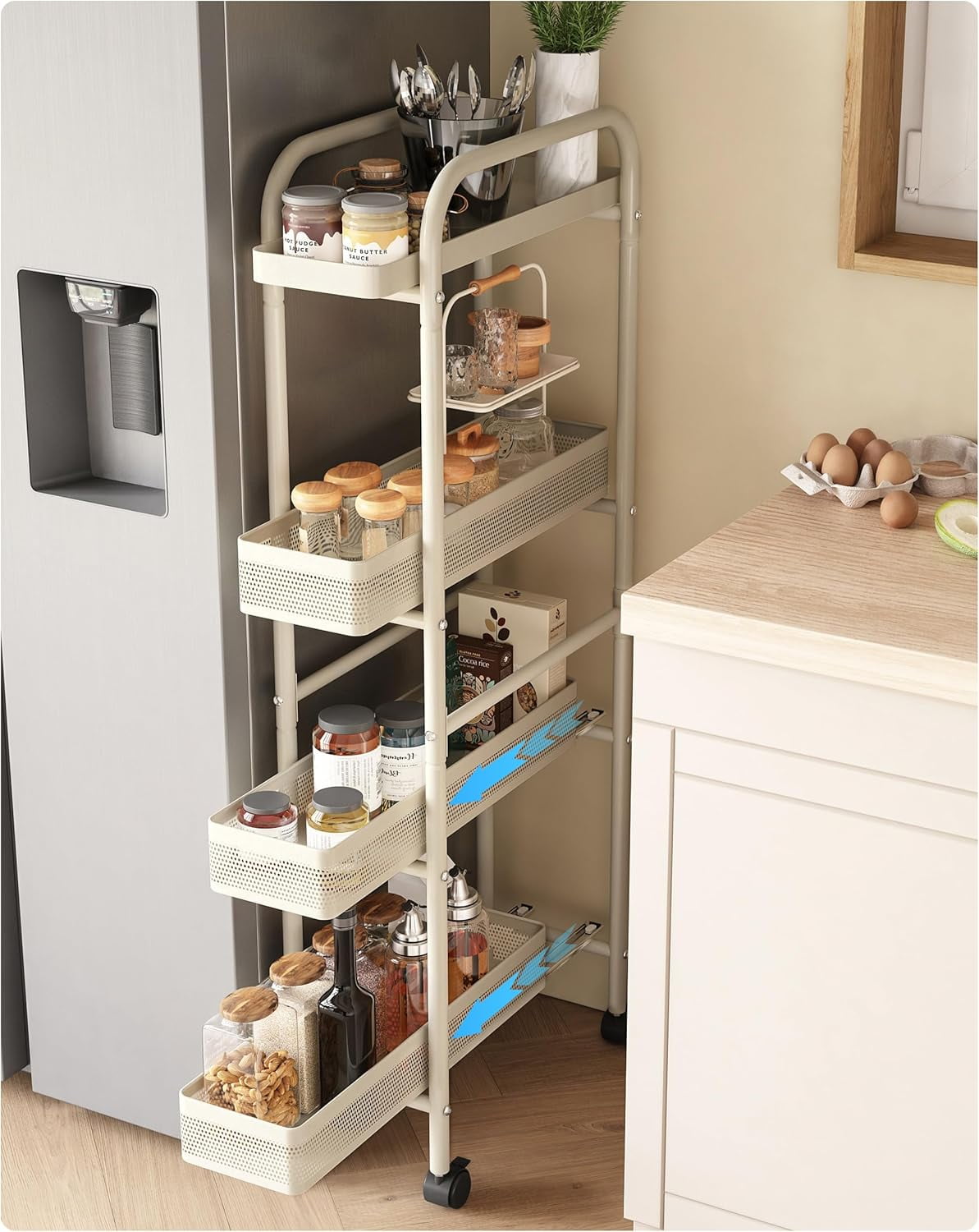 RFCUIBIJ Slim Storage Cart 4 Tier with Pull Out Basket Bathroom ...