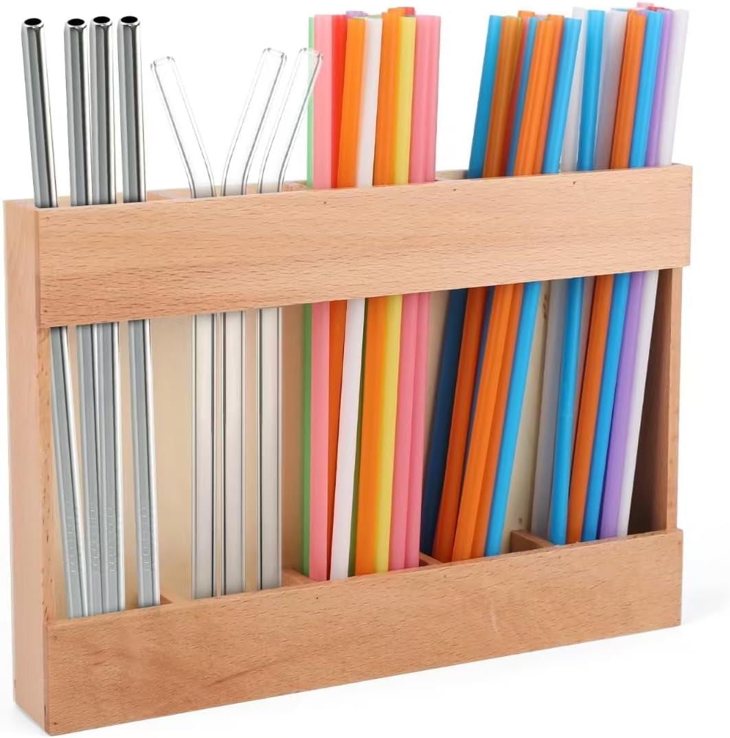 fdbtgysdb Wooden Reusable Straw Dispenser Organizer | Adhesive No Drill ...