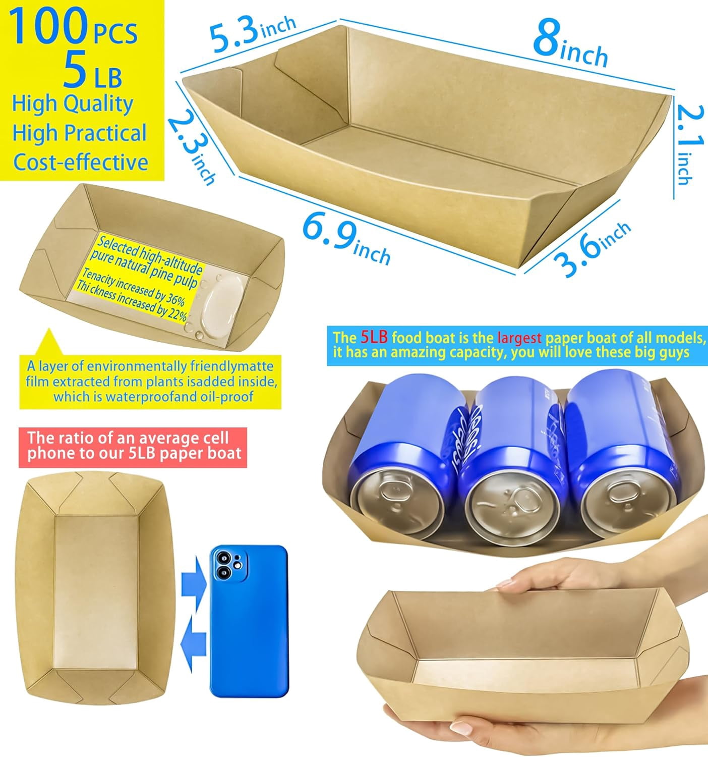 RFGBRG-100 Pack 5LB Extra Large Paper Food Boats Trays Disposable Paper ...