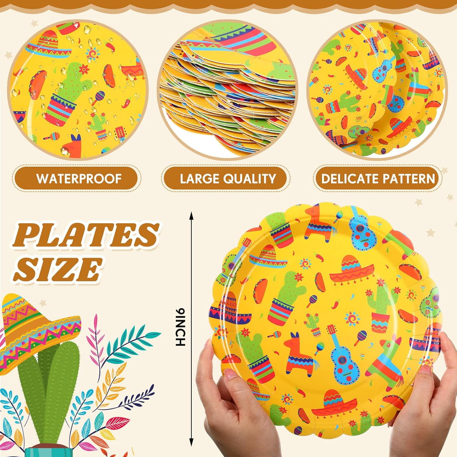 RFGBRG-100 Pack 9 Inch Mexican Paper Plates Fiesta Dinner Plates Cinco ...