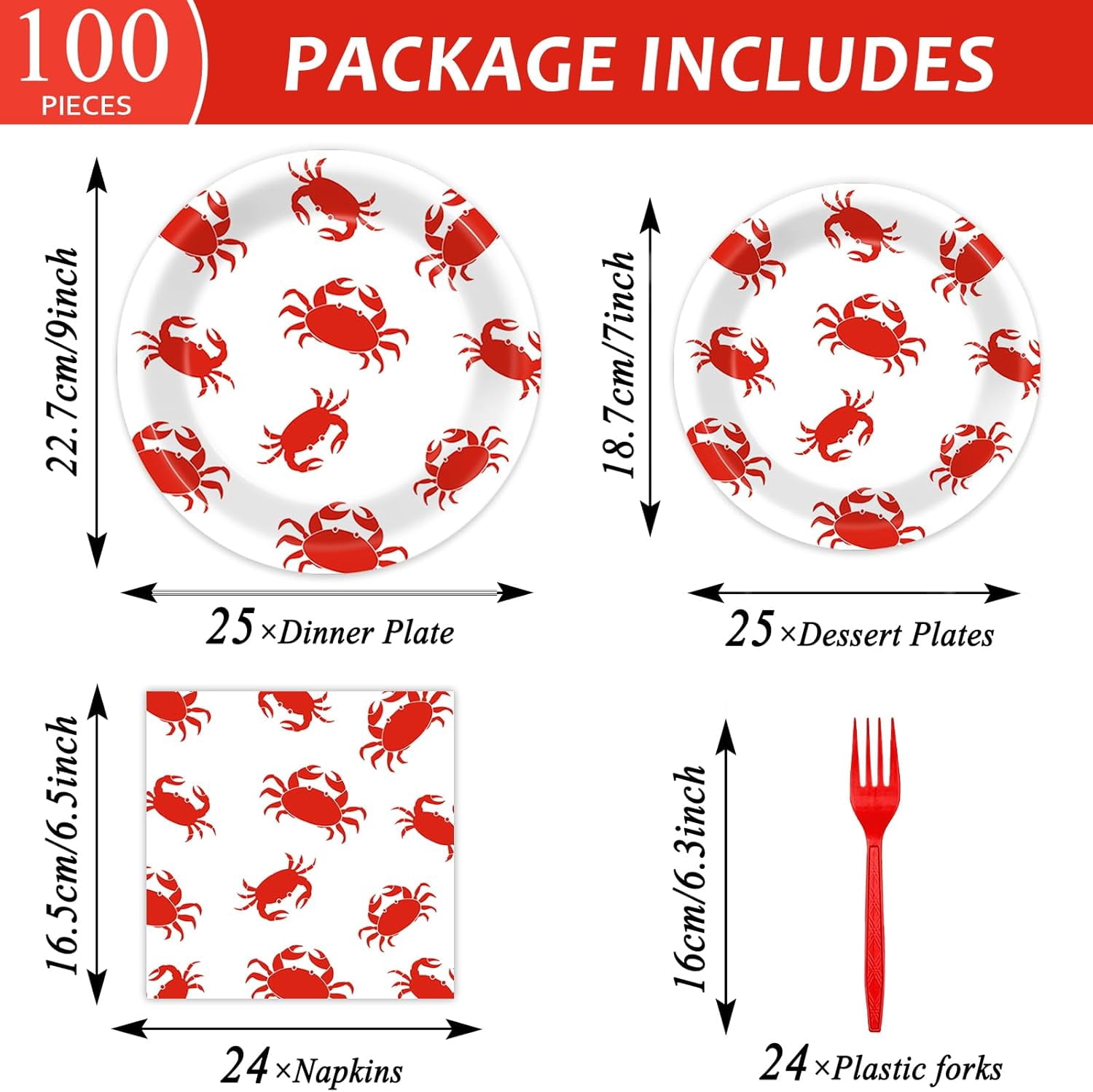 RFGBRG-100 Pcs Crab Party Decoration Set - Paper Plate Napkin Fork Set ...