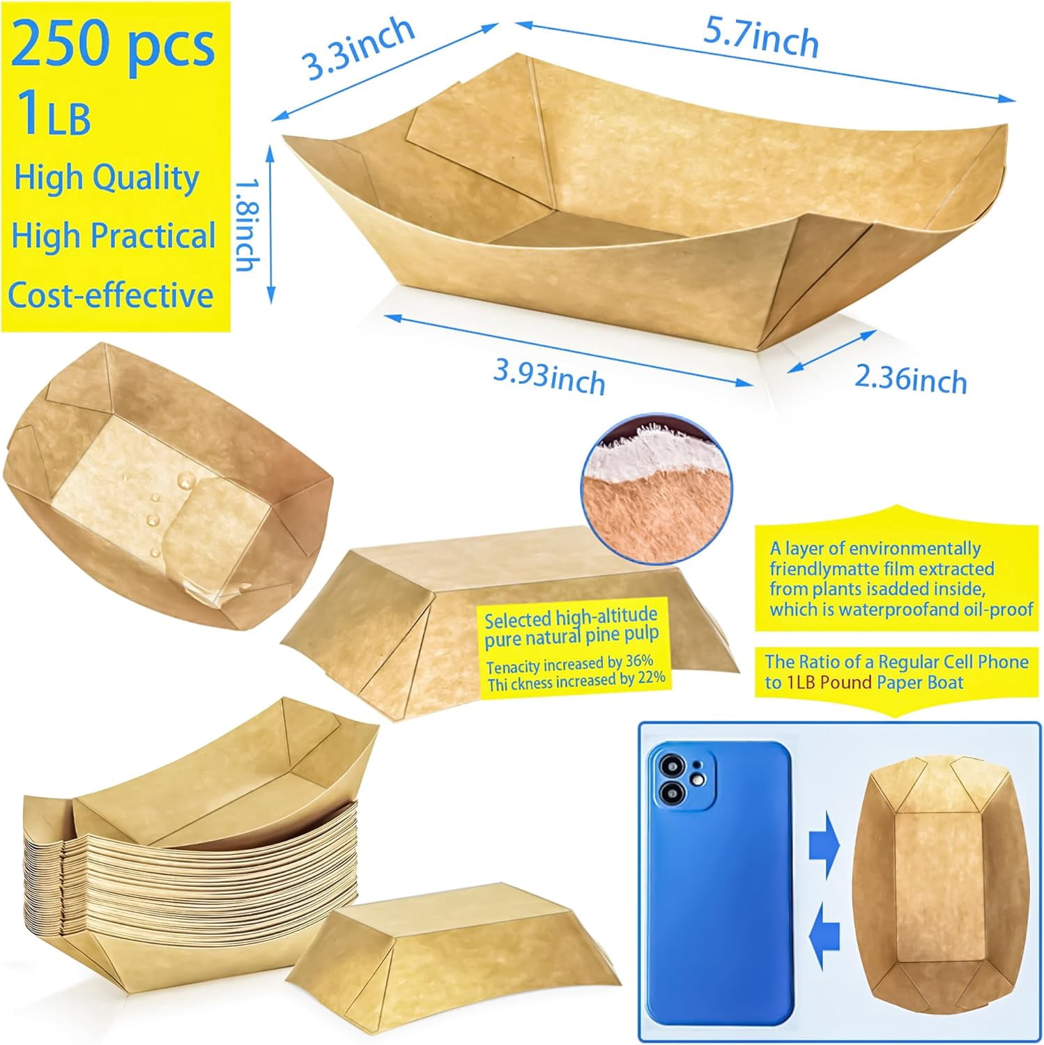 RFGBRG-250 Pack 1Lb Paper Food Boat Trays Disposable Paper Boat Plates ...