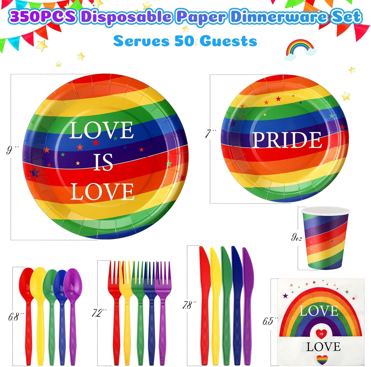 RFGBRG-350 Pcs Disposable Gay Pride Month Party Tableware for 50 Guests ...