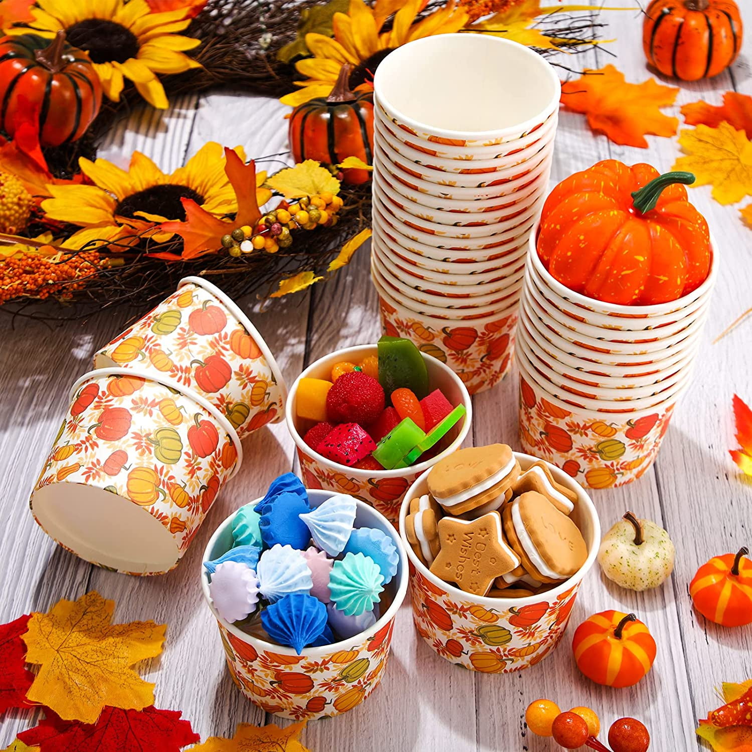 RFGBRG-50 Pack 9 oz Fall Soup Bowls Disposable Paper Cups Fall Themed ...