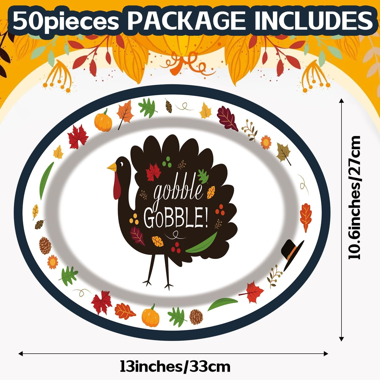RFGBRG-50 Pack Oval Thanksgiving Turkey Paper Plates, A turkey with ...