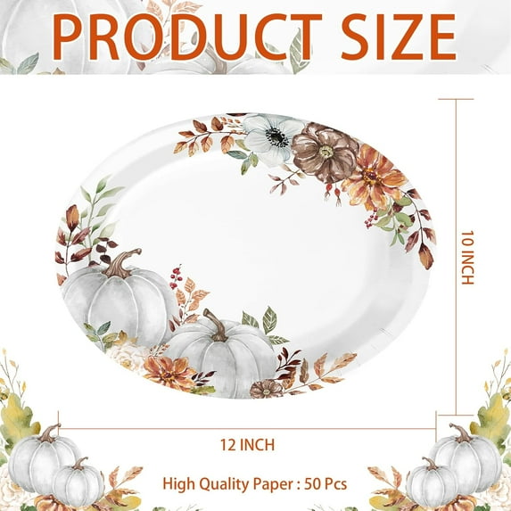 RFGBRG-50Pcs Fall Pumpkin Oval Paper Plates 10" x 12"Large Heavy Duty ...