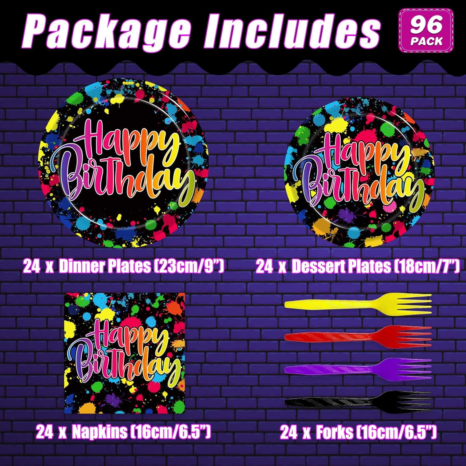 RFGBRG-96 Pcs Neon Party Plates, Glow Birthday Party Supplies ...