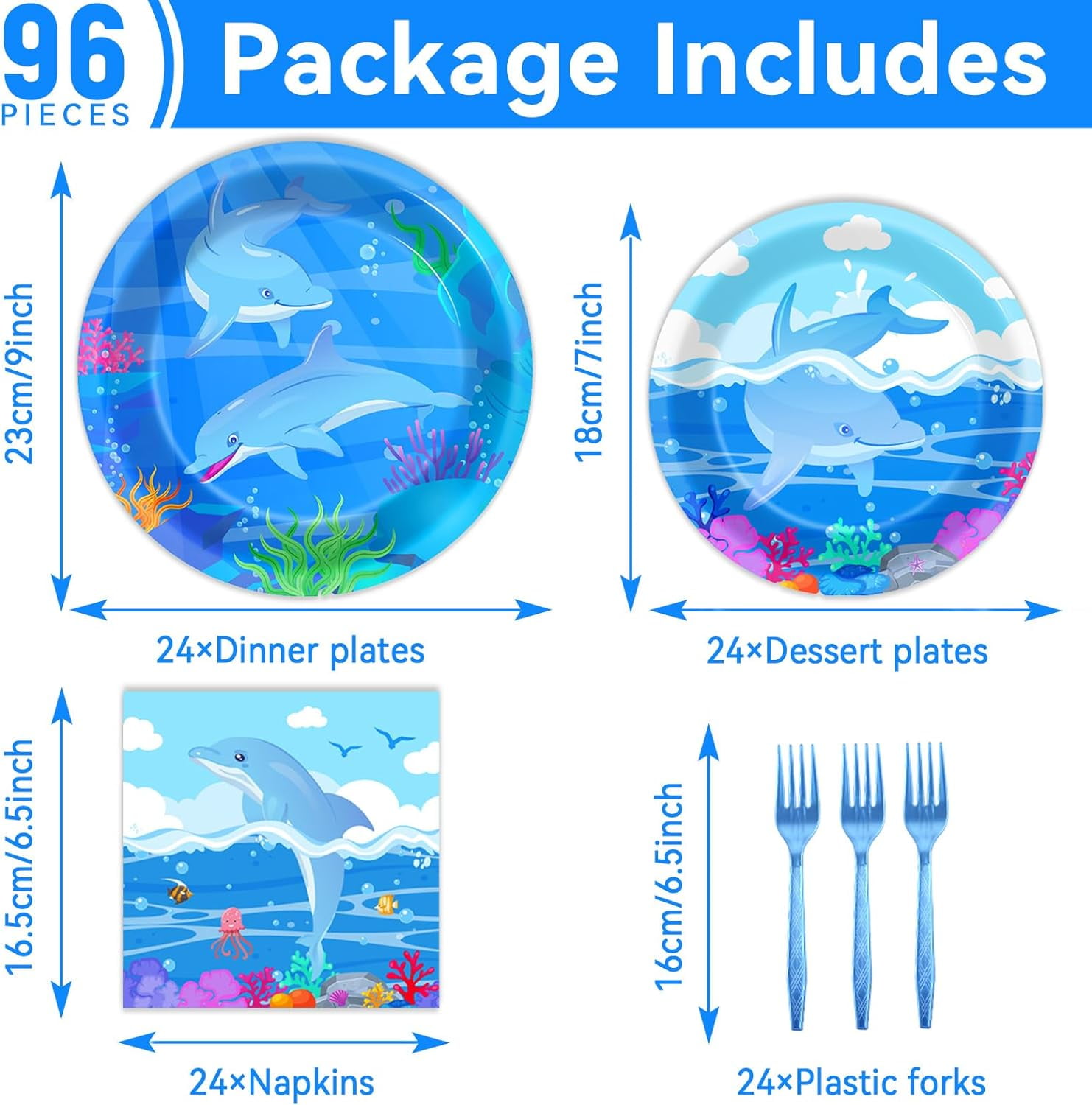 RFGBRG-96 Pcs Ocean Dolphin Theme Party Supplies Set Dolphin Plates ...