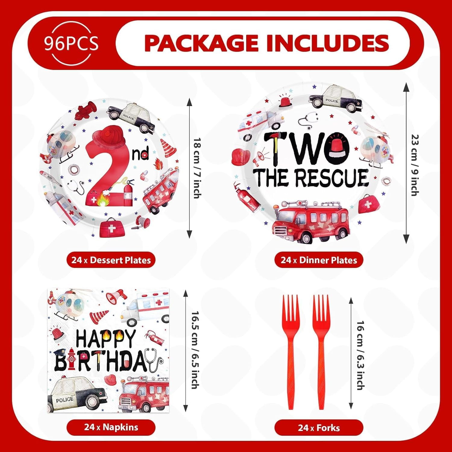 RFGBRG-96Pcs Two the Rescue Birthday Decorations Emergency Vehicle ...